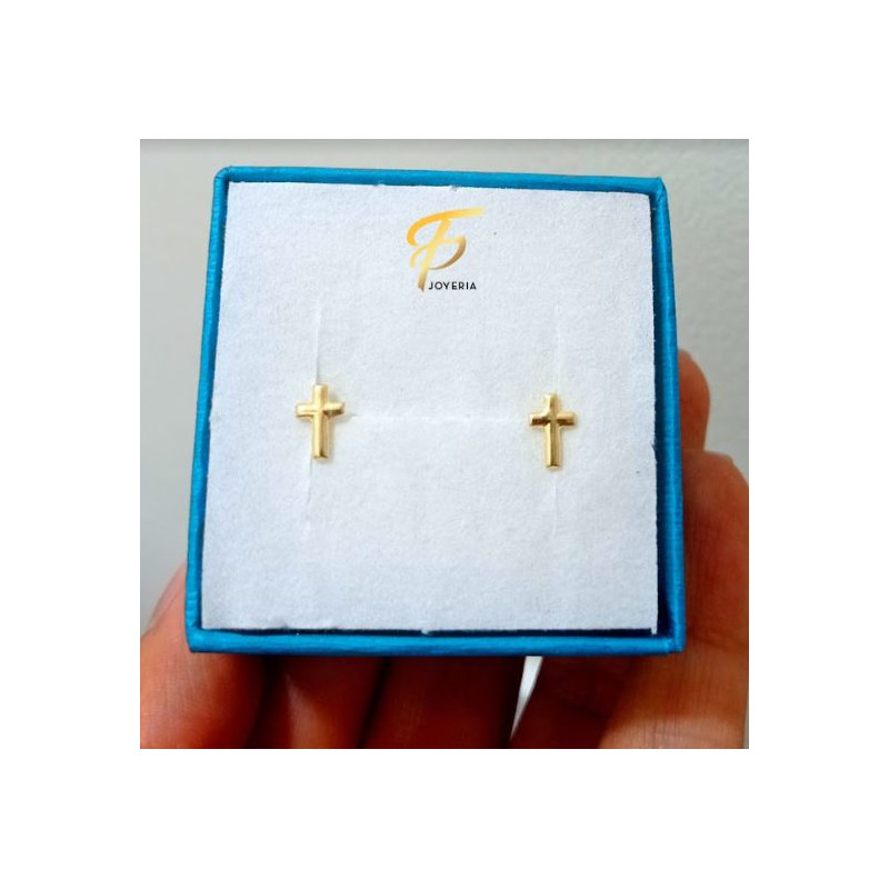 Aretes Tipo Topitos Figura Cruz en Oro 18K