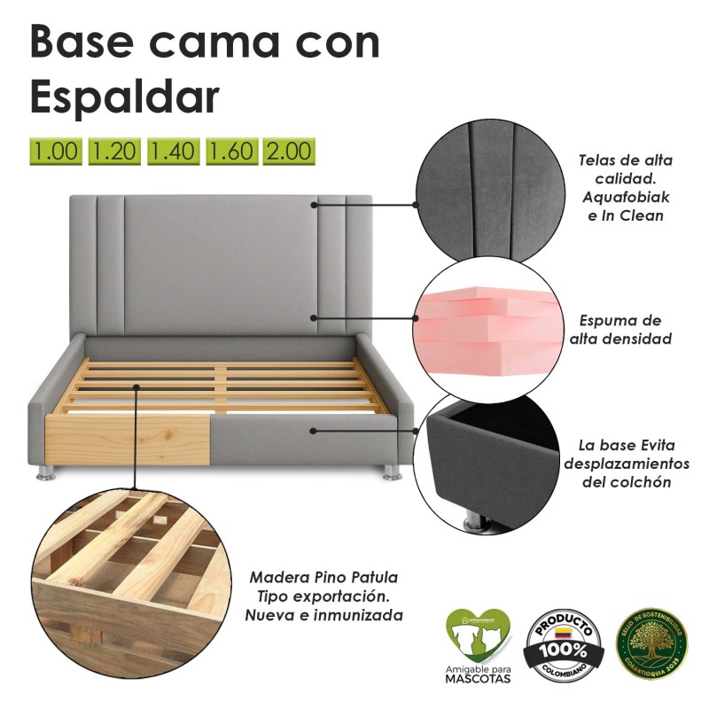 Cama Queen + Base cama + espaldar Lupe taupe + colchon Flexia quarzz ...